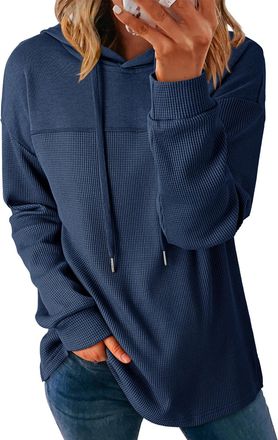 Dokotoo Kapuzenpullover Damen Hoodie Langarm Waffel Pullover mit Taschen Kordelzug Sweatshirt Strukturierter Stoff Oberteil Einfarbig Langarmshirt L&auml;ssig Ober
