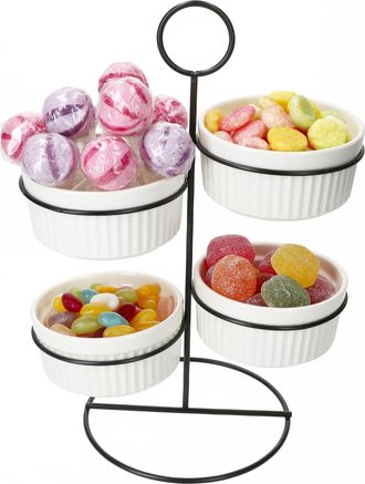 MamboCat Bianca 4er Set Sch&auml;lchen mit Metallst&auml;nder I 4X Porzellan Schalen wei&szlig; 120ml & schwarzer Halterung I Etagere ideal f&uuml;r Dips, Tapas, Souffl&eacute;, Antipasti