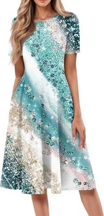 Generic Robes dété pour femmes 2025 midi manches courtes col rond élégant plissée avec poche latérale robe trapèze robe dété décontractée pour femmes, bleu cl