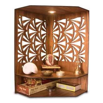 Generic Schöner Pooja-Ständer aus Holz, Mandir für Zuhause, Tempel für Büro, Puja Mandir für Zuhause, Wand mit LED-Strahler, Produkt (H - 43,2 cm, L - 25,4 cm