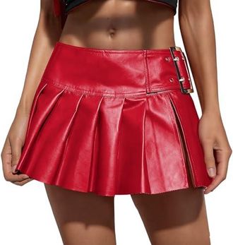 Generic Jupe Cuir Femme Taille Basse, Mini Jupe Femme Plissée Chic Et Elegant Sexy Rétro Décontracté Polyvalente Couleur Unie Coupe Slim Skirts pour Club Fête