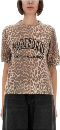 Ganni Femme, Pulls, Brun, Taille: 38 FR Haut en maille &agrave; motif l&eacute;opard avec un graphisme Have a Nice Day