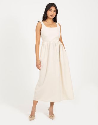 Brave Soul Robe babydoll mi-longue &agrave; encolure carr&eacute;e et poches - Naturel-Neutre