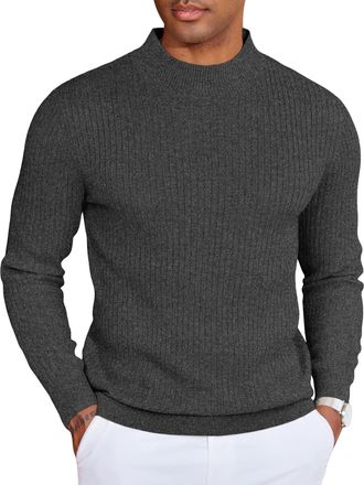 Coofandy Herren Pullover Stehkragen Winterpullover Gerippter Rollkragenpullover Warm Strickpulli Ribbed Mock Neck Sweater Dunkelgrau 3XL
