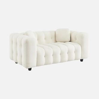 Sweeek Canapé 2 Places en Bouclette texturée capitonné. crème. Structure Bois deucalyptus et contreplaqué