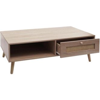 Hhg Couchtisch HHG 212, Wohnzimmertisch Beistelltisch Sofatisch, Schublade Kubu Rattan Holz Melamin, 37x110x59cm Eiche-Optik