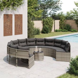 vidaXL Vidaxl - Canap&eacute; de jardin avec table coussins rond gris r&eacute;sine tress&eacute;e