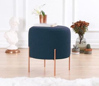 Atelier Del Sofa Bohemian Pouffe, Navy Blue, 42 cm Height x 40 cm Depth | 50% Cotton/50% Linen, 5 cm Orthopedic Sponge, Copper Coated Iron Legs | Stylish & Comfortable
