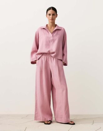 Oysho Hose aus 100% Leinen in Rosa mit weitem Bein