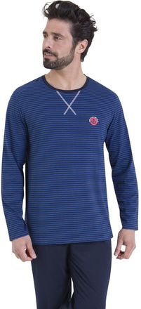 Ath&eacute;na Langer Schlafanzug f&uuml;r Herren, gestreift, Jersey, 100% atmungsaktive Baumwolle, Garn, gef&auml;rbt, Langarm-T-Shirt + Hose, &Ouml;ko-TEX Standard 100, Blaue Str