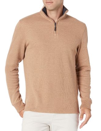 Amazon Essentials Herren Pullover mit Viertelreißverschluss, Französischer Rippstrick, Kamelbraun Meliert, XXL