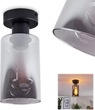 HOFSTEIN Deckenleuchte Hunouri, runde Deckenlampe aus Metall in schwarz, 1-flammige Zimmerlampe mit Rauchglas-Schirmen, 1 x E27, ohne Leuchtmittel