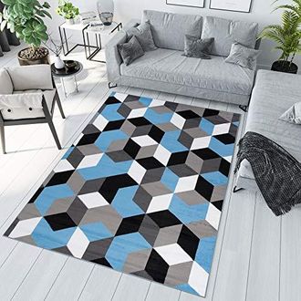 Tapiso Maya Tapis Poil Court Moderne Bleu Gris Noir Blanc G&eacute;om&eacute;trique Motif Mosa&iuml;que Tapis Salon Chambre Salle &agrave; Manger Adulte Bureau Oeko-TEX R&eacute;sistant 140 