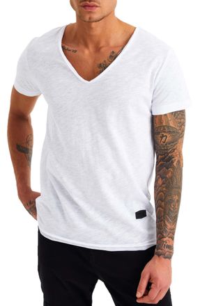 LEIF NELSON Sommer T-Shirt Herren V-Ausschnitt (weiß, Größe XXL) - Coole Tshirts V-Neck Baumwolle - Basic Shirts Männer Kurzarm tiefem Ausschnitt