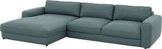 Studio Copenhagen home24 Ecksofa mit Schlaffunktion Blau/Blau/Grau Cordstoff Maiva 303 x 84 x 176cm Longchair davorstehend links Modern