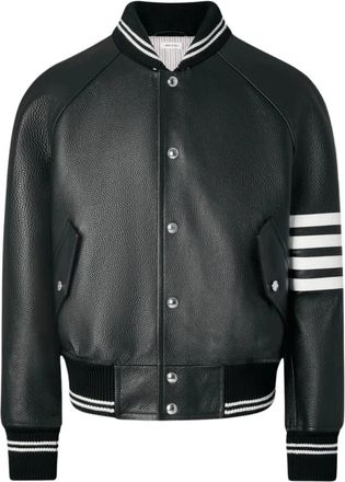 Thom Browne Homme, Vestes, Noir, Taille: L Blouson Bomber 4 Bar en Cuir de Veau