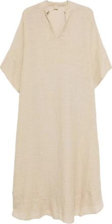 120% Lino Femme, Robes, Beige, Taille: 42 FR Robe Kaftan Col V