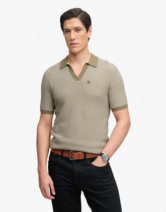 Superdry Johnny - Gestricktes Jacquard-Polohemd in Artischocke/Cremewei&szlig; mit Kragen