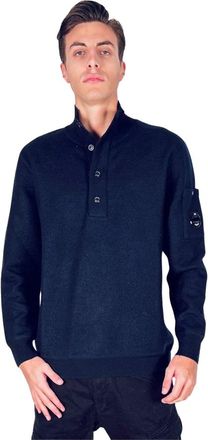 C.P. Company C.p. Company, Homme, Pulls, Bleu, Taille: XL Pull &agrave; Demi-Boutons en Laine M&eacute;rinos Feutr&eacute;e