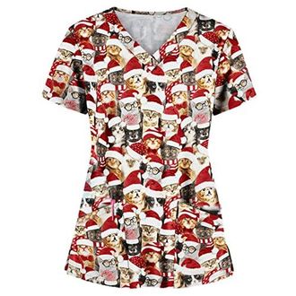 Generic Blouse Medicale Noël Femme Tunique Col en V Blouse Medicale Femme Banche Manche Courte Uniforme De Travail Infirmiere Professionnelle Dinfirmière Unif