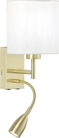 Fischer & Honsel Wandleuchte Dreamer mit LED Lesearm, Klassische Wandbeleuchtung mit Stoffschirm, 1xE27, Metall & Chintz, Weiß & Messingfarben, 16x28cm, 30312, Messing