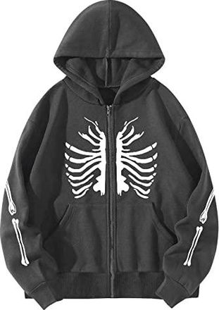 Generic Sweat &agrave; capuche zipp&eacute; pour femme - Imprim&eacute; squelette britannique - Manches longues - Surdimensionn&eacute; - Veste thermique gothique - V&ecirc;tements de base - C