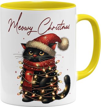 OM3 Meowy Christmas Kaffee-Tasse mit s&uuml;&szlig;em K&auml;tzchen - Weihnachtstasse Katze - Keramik Becher - 325ml - Beidseitig Bedruckt - Gelb