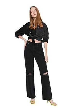 Trendyol Black Torn Detailed High Waist Wide Leg Jeans, 42 aux Femmes