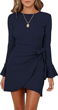 Onsoyours Robe Tricotée Femme Hiver Robe Pull Taille Haute Col Rond Élégante Mini Robe avec Ceinture Robe en Tricot Ajustée Chaude A Marine XS