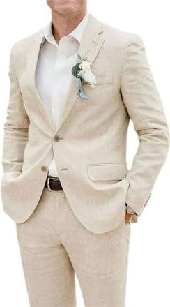 Generic Costume de mariage élégant pour homme 2 pièces beige à revers cranté blazer en lin ensemble de marié meilleur homme smoking slim costume de plage, bei