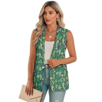 CHAQLIN Gilet sans manches pour femme - Style vintage - Boutonné - Avec poches, vert cactus, 4XL
