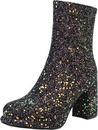 Smilice Bottines &agrave; paillettes pour femme - Talon de 8 cm et hauteur de tige 16 cm - Polyur&eacute;thane brillant m&eacute;tallique pour les &eacute;v&eacute;nements, Noir, 39 EU
