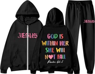 Generico Ensemble de surv&ecirc;tement 2 pi&egrave;ces pour femme avec imprim&eacute; lettres, ensemble dentra&icirc;nement avec fermeture &eacute;clair &agrave; manches longues et pantalon de sport 