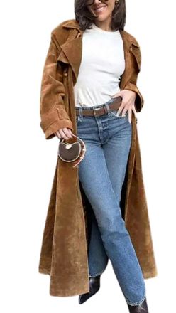 Generic utcoco Langer Damen-Trenchcoat aus Wildlederimitat, gekerbtes Revers, zweireihig, mit G&uuml;rtel, CAMEL, X-Large