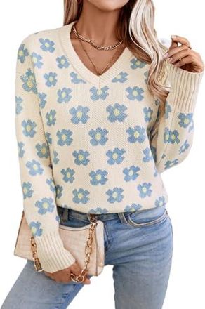 Generic Pull en tricot ample &agrave; col en V pour femme - Motif jacquard floral - R&eacute;tro frais - D&eacute;contract&eacute; - Joli pull dautomne chaud, beige, XL
