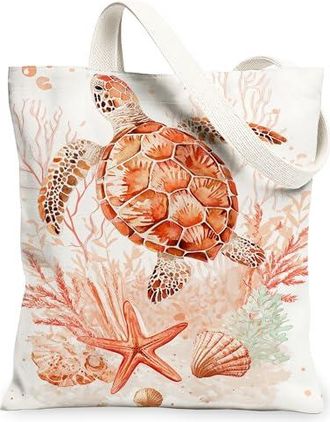 Generic Sacs fourre-tout en toile motif tortue oc&eacute;anique, sacs &agrave; provisions r&eacute;utilisables, l&eacute;gers et lavables en &eacute;t&eacute;, bandouli&egrave;re lavable, blanc, 13x15 Inch