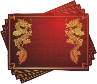 Abakuhaus Drachen Platzmatten, historische Creature, Waschbare Stoff Esszimmer Küche Tischdekorations Digitaldruck, Rot Orange