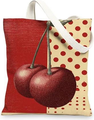Generic Sacs fourre-tout en toile motif cerises, sacs dépicerie réutilisables, élégants, vintage, légers, lavables, Rouge, 13x15 Inch