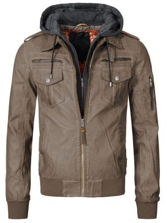 Indicode Herren Aaron Lederjacke mit abnehmbarer Kapuze | Kunstlederjacke &Uuml;bergangsjacke Beige, S