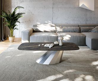 DELIFE Couchtisch Edge Boot 140x80 cm Keramik Laminam Noir Desir Braun Parabi Edelstahl geb&uuml;rstet, Couchtische