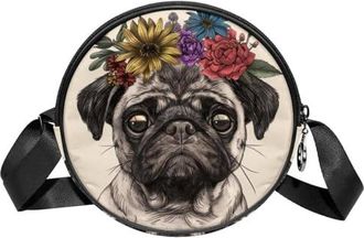 Generic Sac &agrave; bandouli&egrave;re rond pour femme, carlin, fleurs, petit sac &agrave; bandouli&egrave;re avec fermeture &eacute;clair, bretelles r&eacute;glables, sac &agrave; main rond d&eacute;contract&eacute; pou