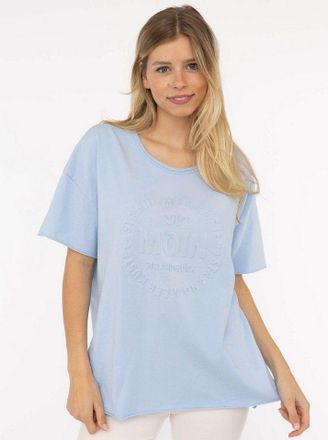 Zwillingsherz Kurzarmshirt Oversized Shirt Stempeldruck Moin Kurzarm, tiefer Rundhalsausschnitt, Schriftzug, Baumwollmischung