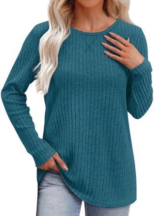 Generic Chemise unie à manches longues pour femme - Tendance et décontractée - Couleur unie - Col rond rayé - T-shirt à manches longues - Tenue pour la vie qu