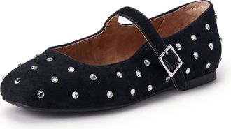 Amazon Essentials Damen Mary Jane Ballerinas, Schwarzes Wildlederimitat Kristalle, 37.5 EU