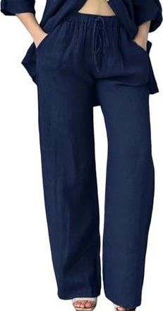 Generic Pantalon Fluide Femme,Womens Daily Elastic Waist Pockets Straight Solid Color Casual Pants Loose Long Trousers Short Boxe Fille (Navy, XXXXXL)