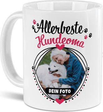 Tassendruck Hunde-Tasse mit Foto Allerbeste Hundeoma - Persönliches Geschenk für Hundefreunde zum Geburtstag | Personalisiertes Geschenk, 300 ml, Weiß
