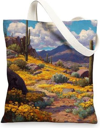Generic Sacs fourre-tout artistiques en toile, motif paysage désert, sacs dépicerie réutilisables, légers et lavables avec bandoulière, jaune, 13x15 Inch