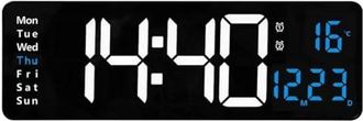 Generic Horloge murale numérique de 16 avec grand écran pour lheure, la température en C/F, la date, le jour de la semaine, lalarme et la minuterie avec téléc