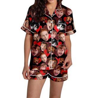 Generic Haut de pyjama en satin &agrave; manches courtes et boutonni&egrave;re, short assorti. V&ecirc;tement de nuit doux et imprim&eacute; pour femme., Noir, XXL