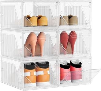 Songmics Boîtes à Chaussures, Lot de 6, Rangement Chaussures en Plastique, Empilable et Reliable, avec Porte Magnétique, Transparente, jusquà la Pointure 46, B